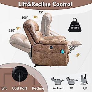 CANMOV Large Power Lift Recliner Chairs with Massage and Heat for Elderly Big People, Heavy Duty Electric Faux Leather Reclining Chairs with USB Port and 2 Side Pockets, Brown