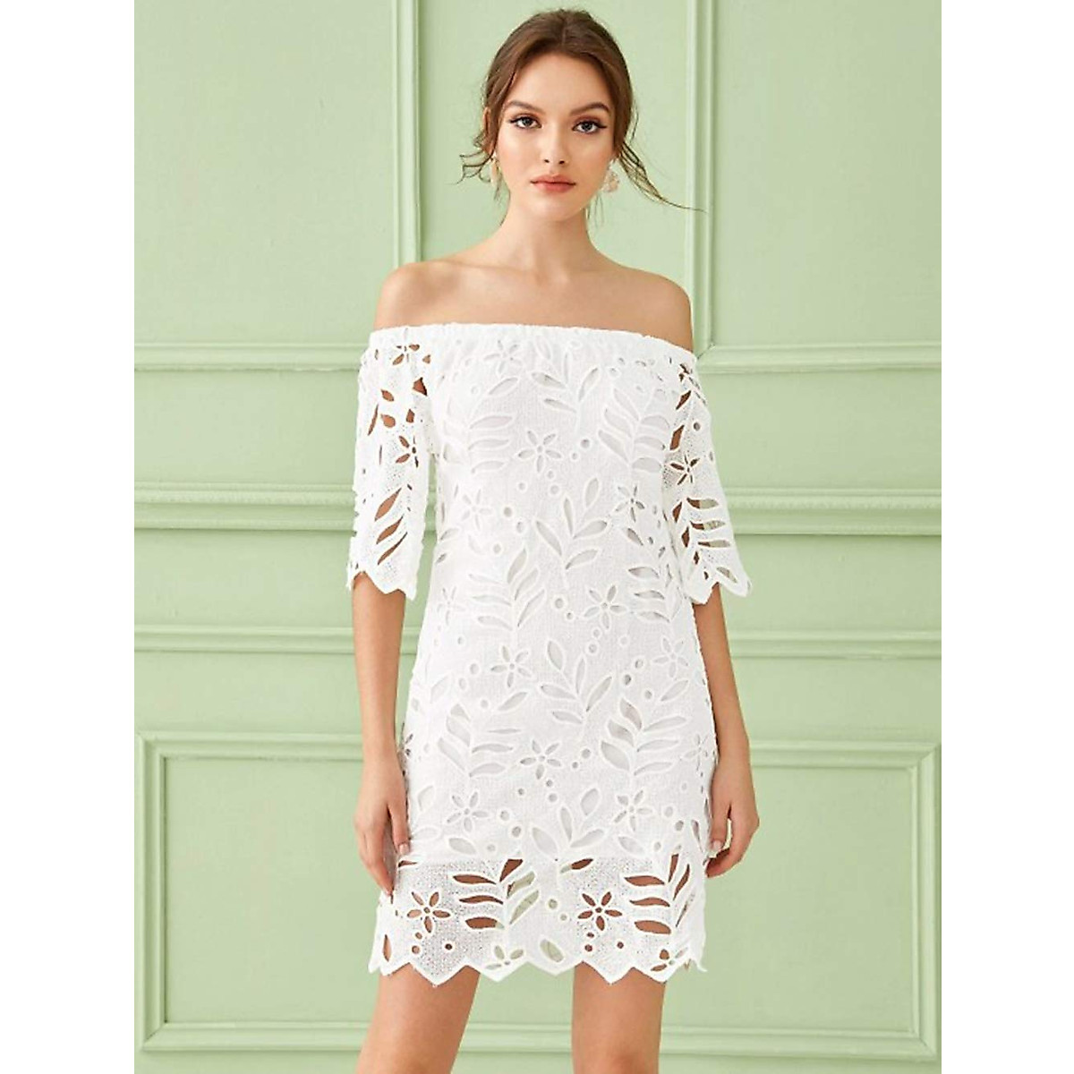 PRETTYGARDEN Women's Summer Off Shoulder Vintage Floral Lace Flare Short Sleeve Loose Elegant Mini Dress (White,Large)