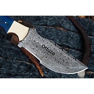 Ottoza Tracker Knife & Bone Handle - Damascus Hunting Knife - Horizontal Carry Knife Sheath 198