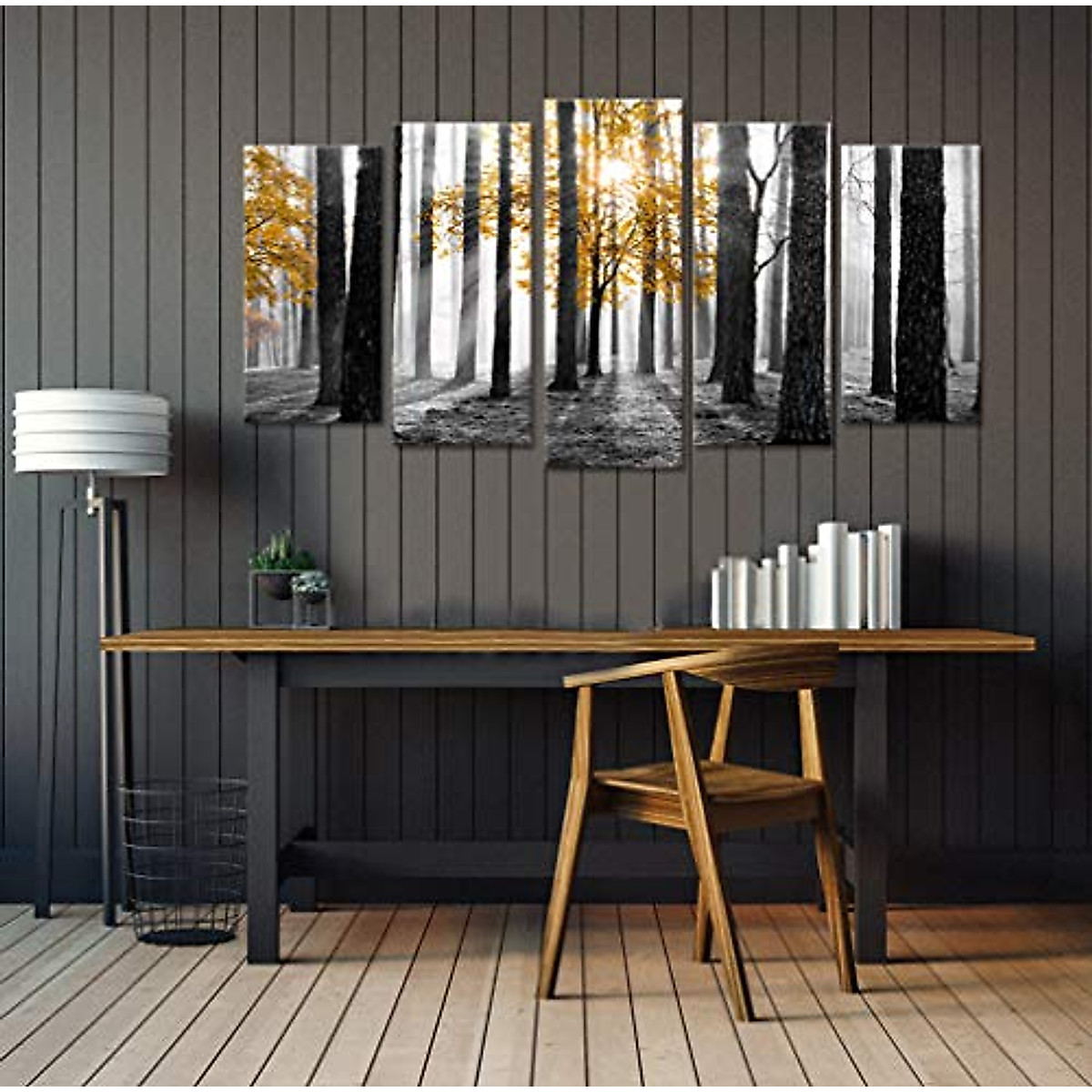 Visual Art Decor Large 5 Pieces Canvas Prints Yellow Tree in Black and White Sunshine Foggy Forest Picture Artwork Framed and Stretched Ready to Hang Modern Home Room Decoration L-60 XH-32(04 Forest)