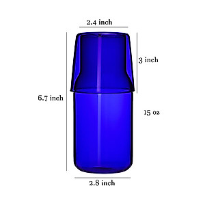 Sizikato 15 Oz Dark Blue Glass Bedside Night Water Carafe with Tumbler Glass.