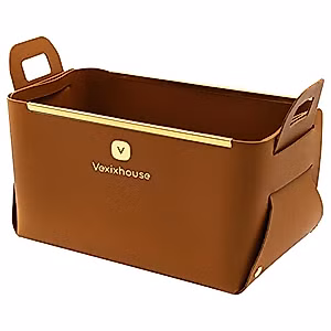 Vexixhouse Multipurpose Storage Organizer, Small Baskets for Organizing, Luxury Faux Leather Storage Box, Foldable Basket, Soft Organizer, Porch Organizer, Desktop Storage Box, Make up Organizer (Brown)