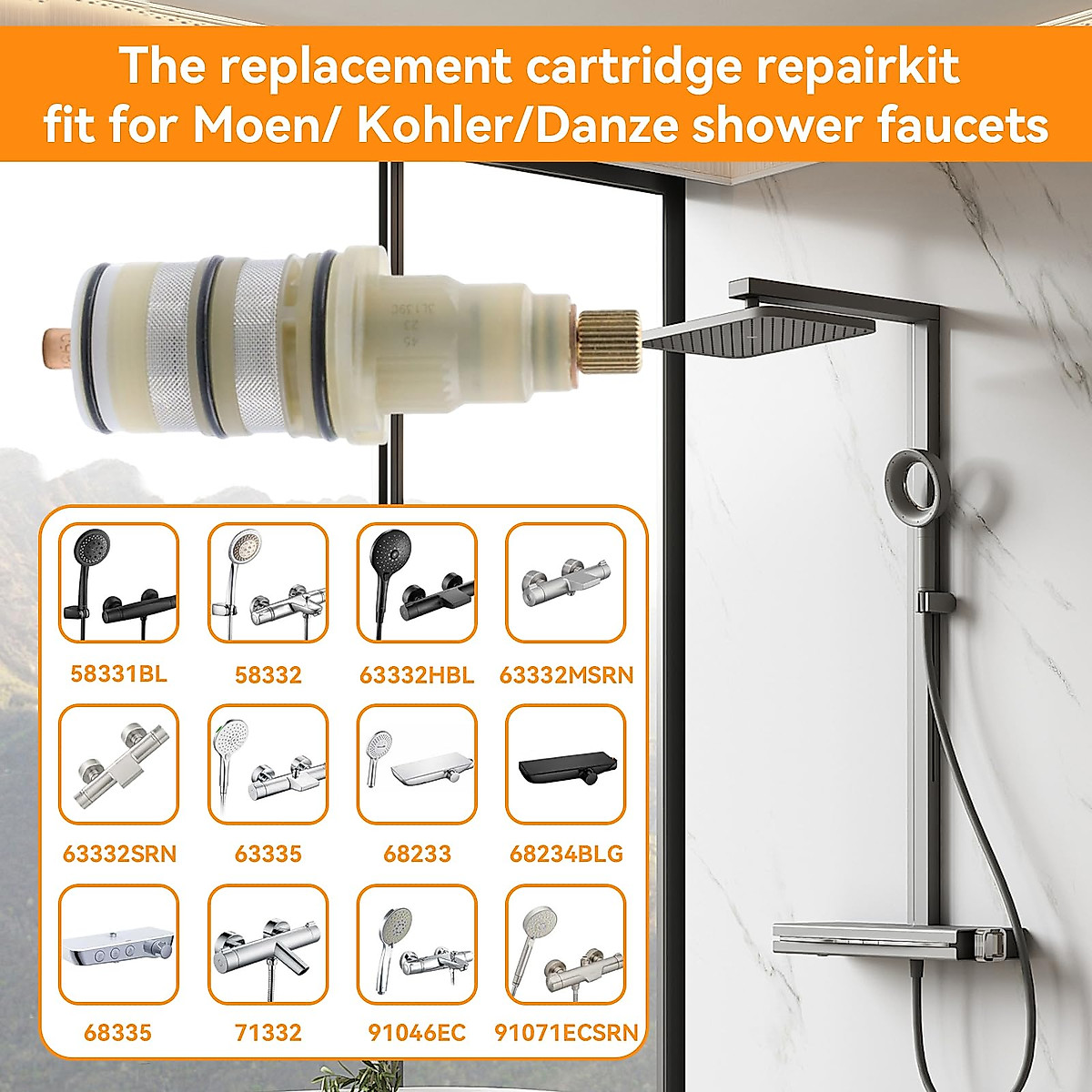 Thermostatic Valve Cartridge Fits Moen 147208 Repair Kit, Faucet Cartridge Replacement Parts, for Danzig Da507874 and Kohler Thermostatic Valve Replacement Parts, Brass Adapter