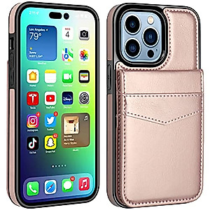 LakiBeibi Phone Case for iPhone 14 Pro Dual Layer Lightweight Premium Leather Case for iPhone 14 Pro Wallet Case with Card Holders Flip Case Protective Case for iPhone 14 Pro 6.1 Inches,Rose Gold