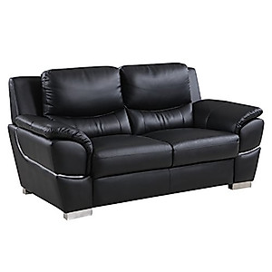 Blackjack Furniture Binion Modern Leather Loveseat for Living Room with Padded Headrests, Stainless Steel Legs & Accent Chrome Trim, Black