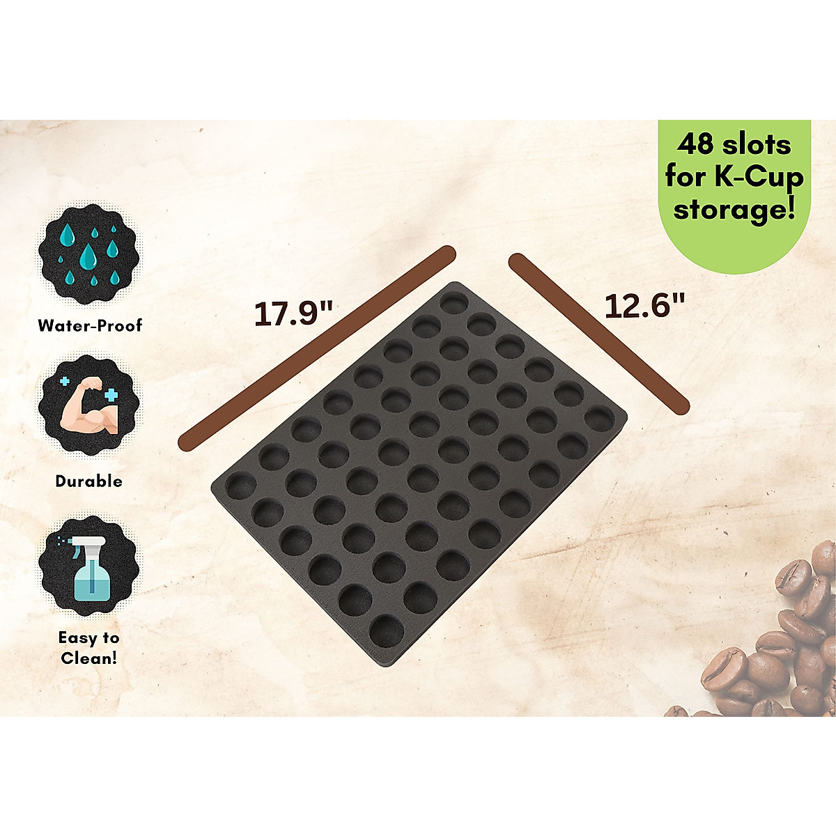 Polar Whale 2 Coffee Pod Storage Organizers Tray Drawer Insert for Kitchen Home Office Waterproof 12.6 x 17.9 Inches Holds 48 Compatible with Keurig K-Cup Durable Dark Gray Foam Made In The USA