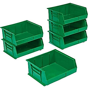 Global Industrial Green Plastic Stacking Bin 16-1/2 x 14-3/4 x 7, Lot of 6