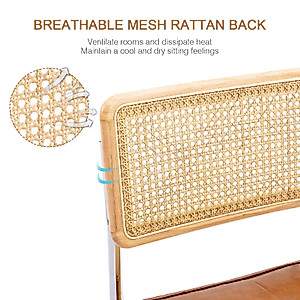 Zesthouse Natural Rattan Dining Chairs Set of 2, Modern Dining Room Chairs with Solid Wood Back for Kitchen Living Room, Mid Century Breuer Design Inspired, Upholstered Faux Leather Brown