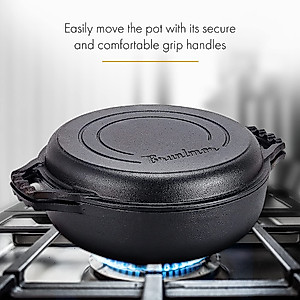 Bruntmor 2-in-1 Pre-Seasoned Cast Iron Dutch Oven with dual handles, Cocotte Double Braiser Pan with Grill Lid 3.3 Quarts - BBQ Grill, Fryer - Outdoor Cookware Set with Dual Handles, Camping,- Black