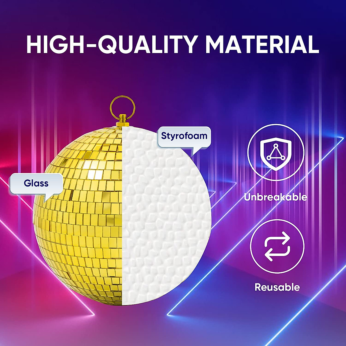 Mirror Disco Ball Decor with Hanging Ring: 8 Inch Large Gold Disco Ball Ornaments - Hanging Party Disco Balls for Party Decorations, 70s Theme Party, DJ, Wedding, Birthday, Christmas