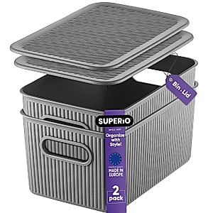 Superio Decorative Lidded Home Storage Bins, Plastic Organizer Baskets, Medium Grey (2 Pack - 5 Liter) Stackable Container Box, for Organizing Closet Shelves Drawer Shelf