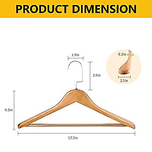 Wooden Hangers Wide Shoulder Wood Hangers 10 Pack Coat Hangers Suit Hangers with Non Slip Pant Bar Smooth Finish 360° Swivel Hook Solid Wood Hangers for Dress, Jacket, Sweater, Pants, Suit