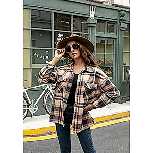 Women Classic Flannel Plaid Jacket Button Down Boyfriend Long Sleeve Lapel Shirts Casual Blouses Tops (Orange, Medium)