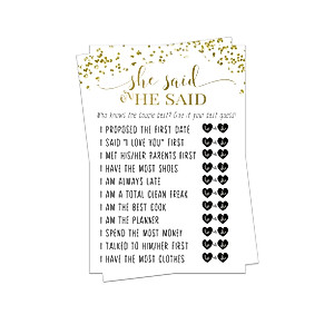 Black and Gold Bridal Shower Game He or She Said – 25 Pack, Couples Wedding Engagement Party Games, Reception Decor and Ideas, Fun Bridal Shower Guest Activities