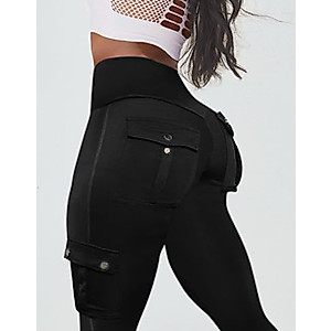 Flamingals Butt Lifting Leggings with Flap Pockets Workout Cargo Leggings for Women Black S