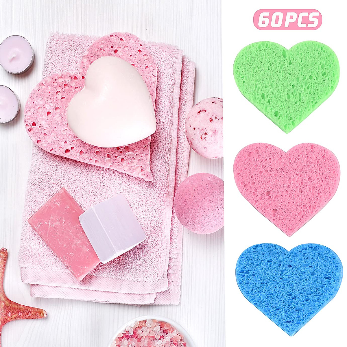 WXJ13 60 Pieces Heart Shaped Compressed Facial Sponge, Reusable Face Cleansing Sponge for Deep Facial Cleansing and Exfoliating Makeup Remover (Green, Pink, Blue)