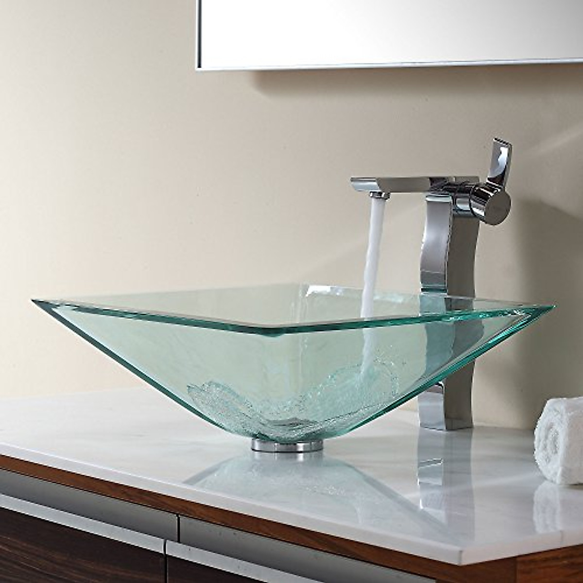 Kraus GVS-901-19mm-SN Aquamarine Square Clear Glass Vessel Bathroom Sink with PU-MR Satin Nickel
