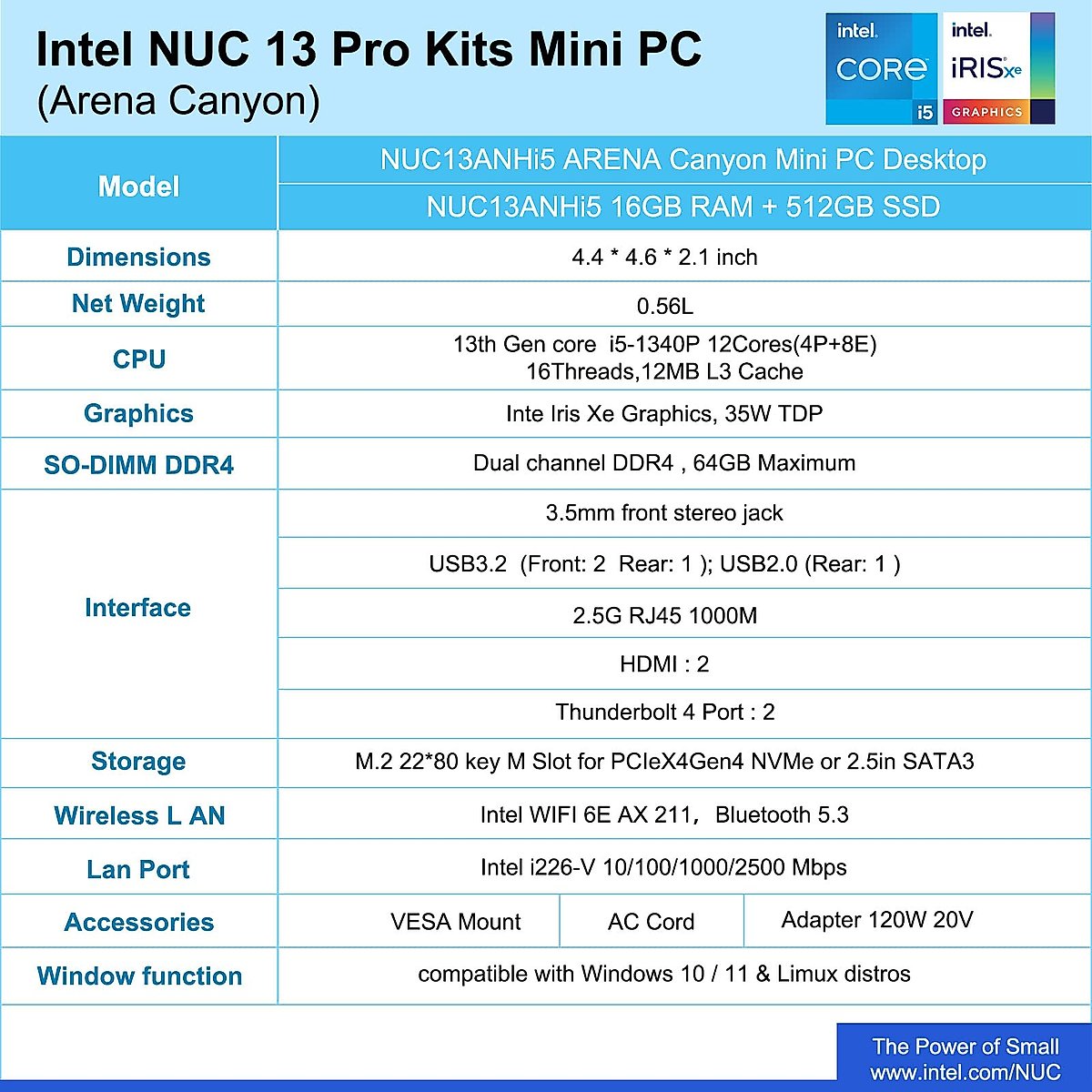2023 Intel NUC 13 Pro,NUC13ANHi5 Versatile Mini PC 16GB RAM&512GB SSD with Core i5-1340 Processor (12Core&Up to 4.6GHz Turbo,Intel Iris Xe Graphics) Support 4K/WiFi6E/BT5.3/Win11 Pro preinstalled