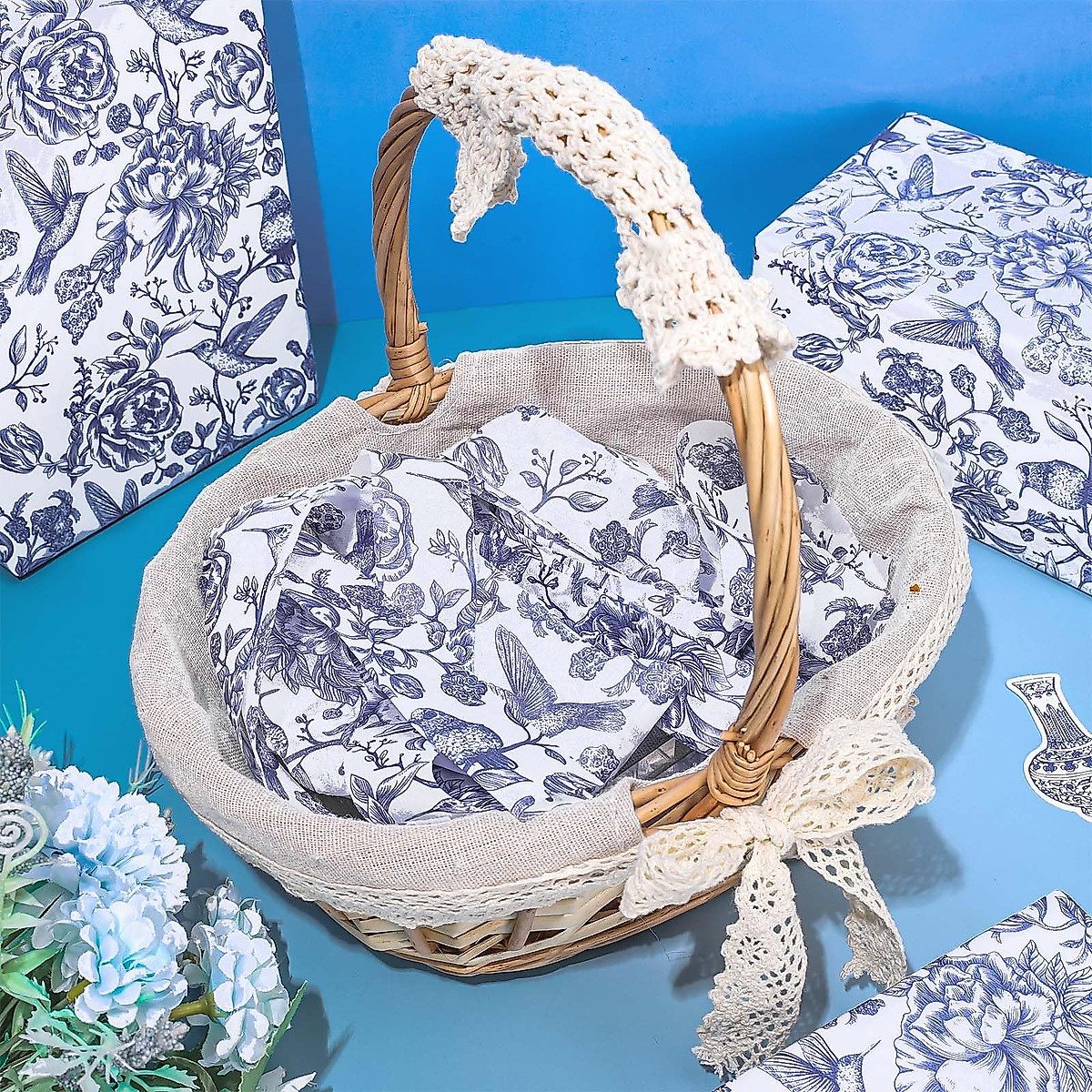 Whaline 100 Sheets Blue White Floral Tissue Paper Chinoiserie Flower Bird Gift Wrapping Paper DIY Art Craft Tissue Paper for Packaging Wedding Birthday Baby Shower, 13.7 x 19.6 Inch