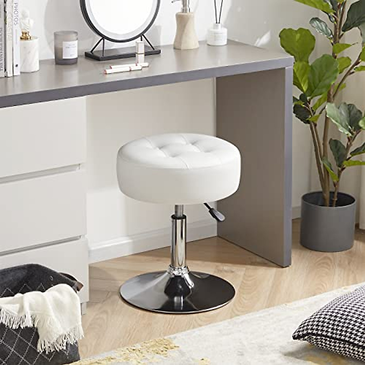Gitrah White Vanity Chair for Makeup Room Round Ottoman Tufted PU Leather Makeup Chair Vanity Stools for Bathroom Height Adjustable 360 Swivel