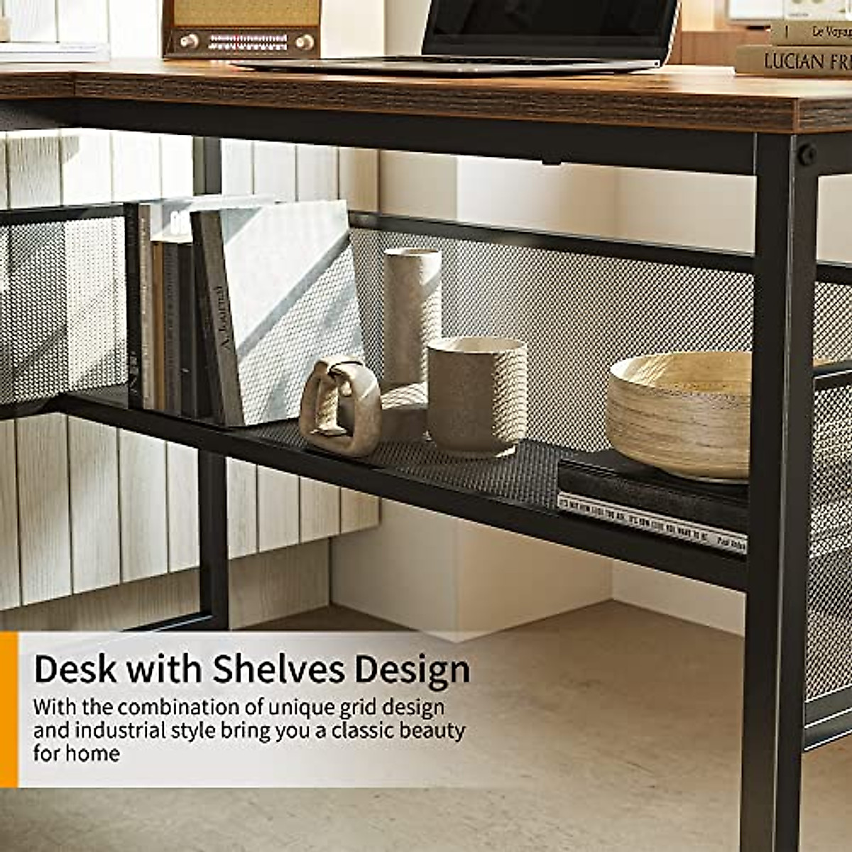 CubiCubi L Shaped Desk with Storage, 59.1 Inch Corner Computer Desk with Shelves, Home Office Workstation for Study or Working, Rustic Brown