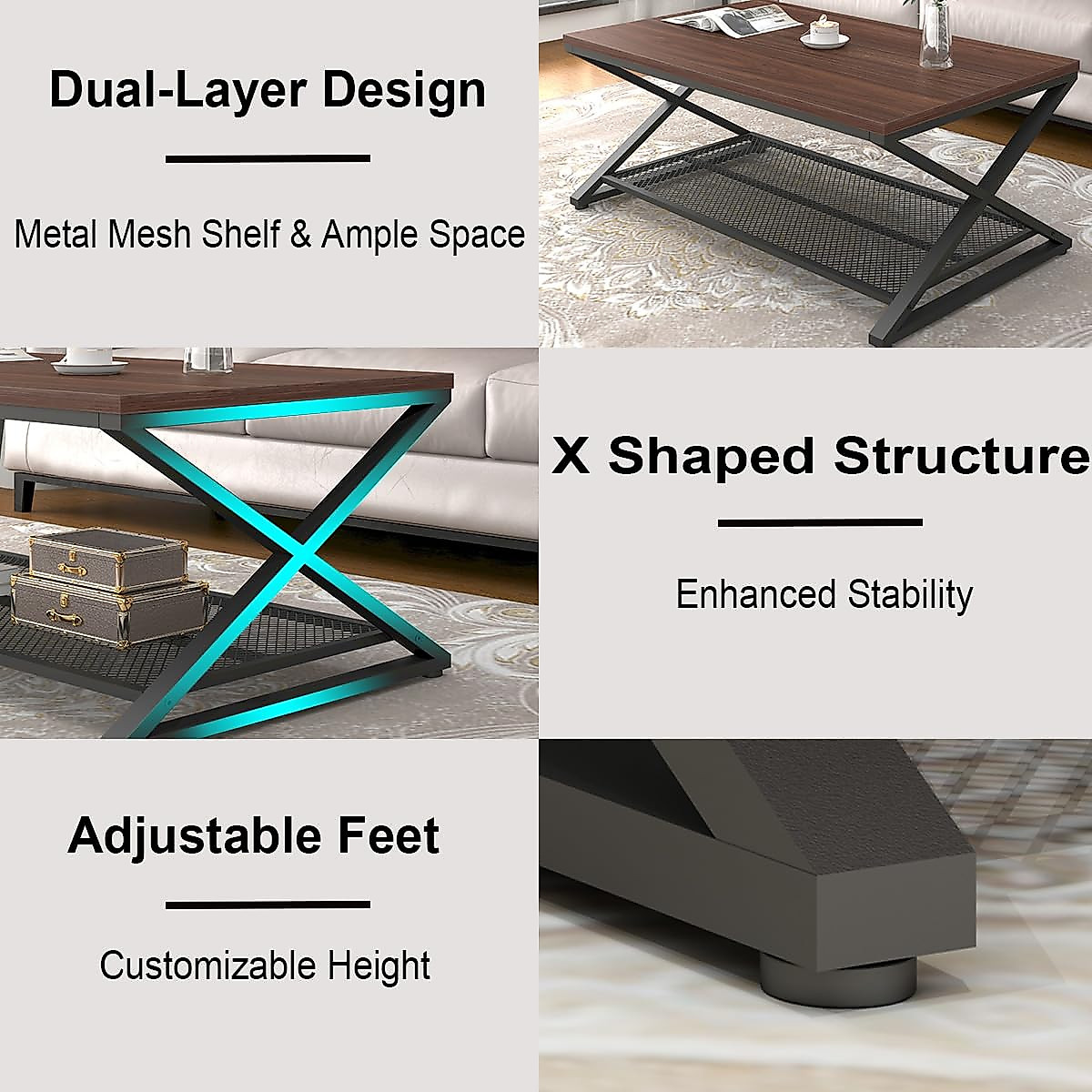 LVB Walnut Coffee Table with Storage, Metal Wood Rectangle Living Room Table, Industrial 2 Tier Center Table with Mesh Shelf, Vintage Wooden Middle Concrete Tables for Office Bedroom, 39 inch, Walnut