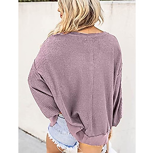 ASTANFY Womens Long Sleeve Sweatshirts Waffle Knit Shirts V Neck Solid Color Pullover Casual Loose Fit Tunic Tops Purple