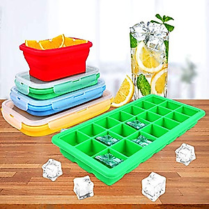 Collapsible Silicone Storage Set of 4 Plus Bonus Ice Tray - BPA Free, Microwave, Dishwasher And Freezer Safe