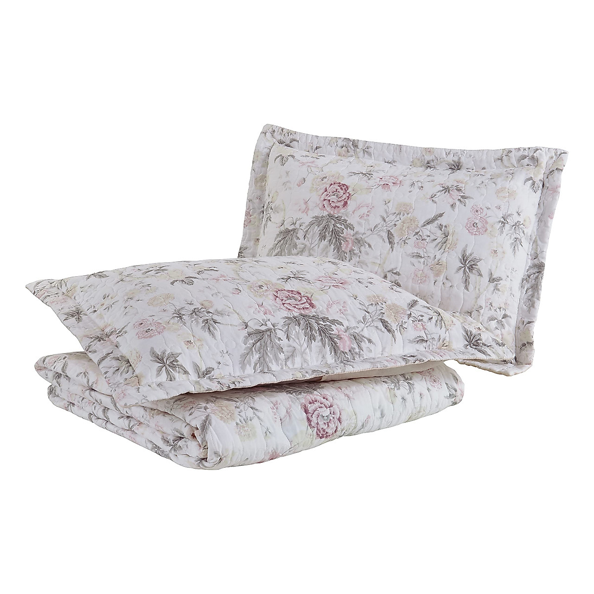 Laura Ashley - Queen Quilt Set, Reversible Cotton Bedding with Matching Shams, Lightweight Home Decor for All Seasons (Breezy Floral Pink/Grey, Queen)
