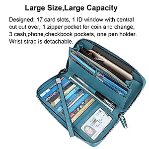 Lavemi Women's RFID Blocking 100% Leather Large Capacity Zip Around Wallet Phone Holder Clutch Travel Purse Wristlet(Large Size Vintage Light Green)