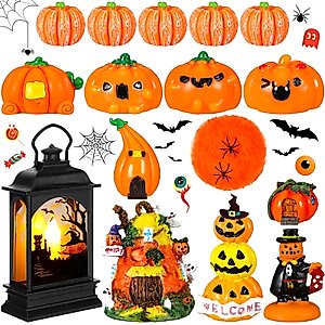 Barydat 18 Pcs Halloween Village Accessories Set Halloween Miniature Figurines Decoration Ornaments Pumpkin House Pumpkin Statues LED Pumpkin Spiderweb Halloween Crafts DIY Garden Table Decor