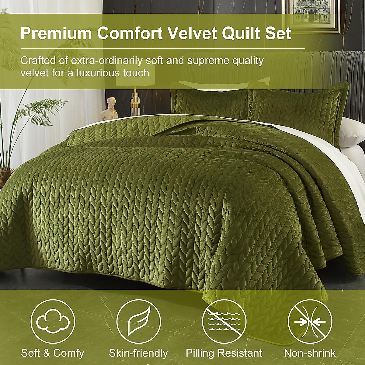 Ivellow Velvet Quilt Queen Size Green Lightweight Velvet Comforter Set Oversized Bedspread Coverlet Full for All Season 3Pcs Luxury Quilted Bedding