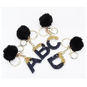 Lucky 26 Initials Letter Keychain Black Plush Ball Keyring Resin Letter Pendant Gift for Women Girl (Black Plush Ball letter-L)