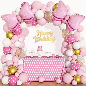 Amandir 124Pcs Pink Gold Balloon Garland Kit, Cartoon Mouse Birthday Decorations Happy Birthday Banner Cake Topper Headband Bow Foil Balloon for Girls Birthday Baby Shower Party Supplies