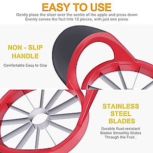 4.72 Inch 12 Super Sharp Stainless Steel Blades Apple Slicer, Corer and Divider, 1 Super Sharp Stainless Steel Peeler, 2 Stainless Steel Fruit Forks and 1 Orange Citrus Peeler Tool, Red
