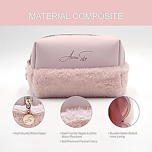Aurora Sky Fluffy Bottom Makeup Bag Organizer – Portable Toiletry Travel Case – Cute Cosmetic Bag for Woman & Girls – Waterproof Soft Vegan Leather Pouch – Medium Size Storage (Pink)