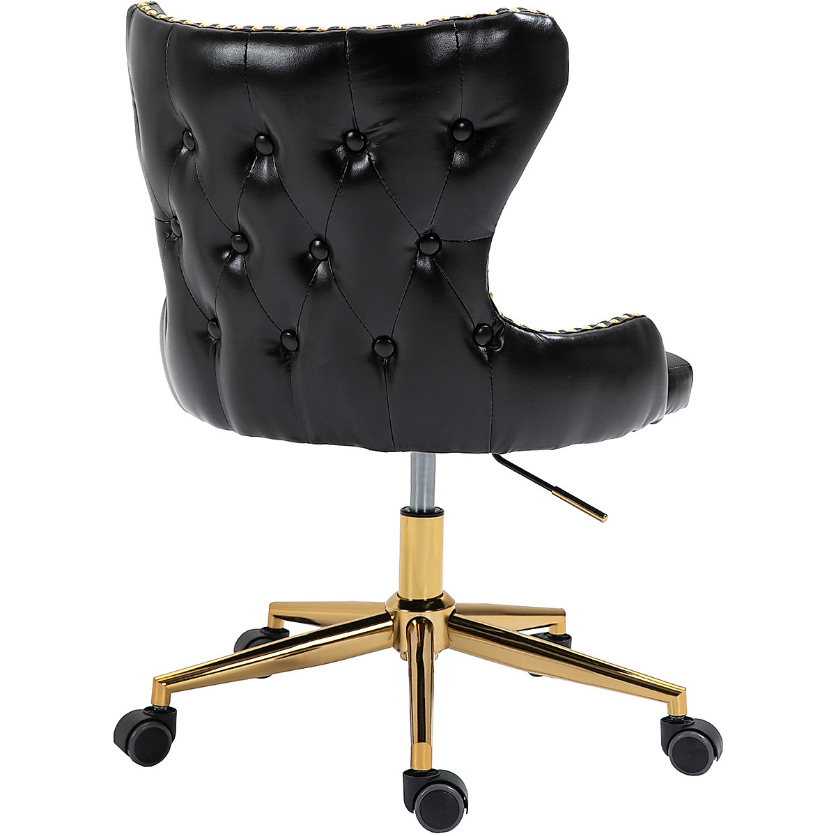Meridian Furniture 167Black Hendrix Collection Modern Contemporary Vegan Leather Upholstered Swivel Adjustable Office Chair with Button Tufting and Gold Base, Black, 21.5" W x 24" D x 30.3"-32.6" H