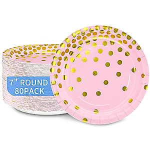 DYLIVeS 80 Count Pink and Gold Paper Plates, 7 inch Metallic Foil Polka Dots Disposable Dessert Party Plates Cocktail Party Supplies Plates for Birthday, Bridal Shower, Easter, Graduation Party