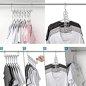 KLEVERISE 4 Pack Metal Space Saving Hangers - 12 Slots Stainless Steel Clothes Hangers Magic Cascading Hangers - Clothing Closet Space Saver Storage Organizers