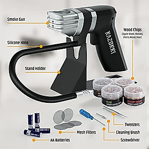 Razorri Smoking Gun Smoke Infuser - Includes 4 Wood Chips, Stand Holder, Hose - Handheld & Countertop Electric Smoker Machine for Classy Smoke, Infused Cocktails, Wine, Cheese, Meats & More
