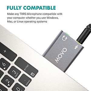 Movo USB-AC1 3.5mm TRRS Microphone to USB 2.0 Stereo Digital Audio Converter - USB Sound Card Adapter for Computer or Laptop - Convert USB Input to 3.5mm TRRS Headphone or Mic Jack