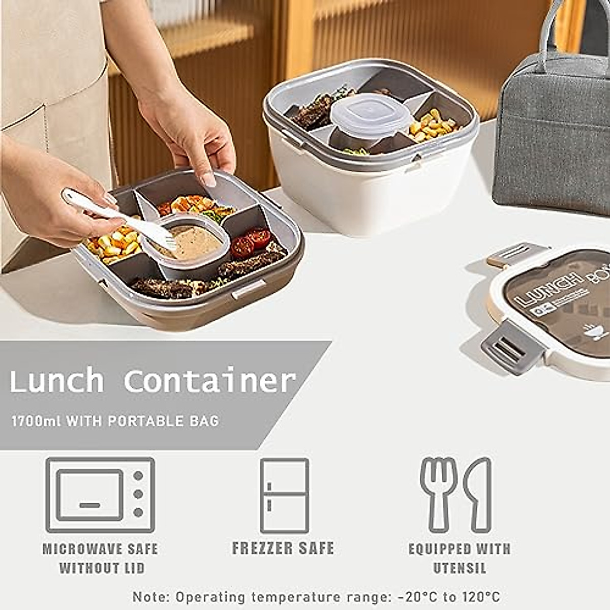Temiminime Salad Lunch Containers for Adults with Portable Bag,60oz/1.7L Large Plastic Salad Bowls for Lunch, BPA-Free, 4-Compartment Tray & a Sauce Cup, Lid with Dual-Latches, White