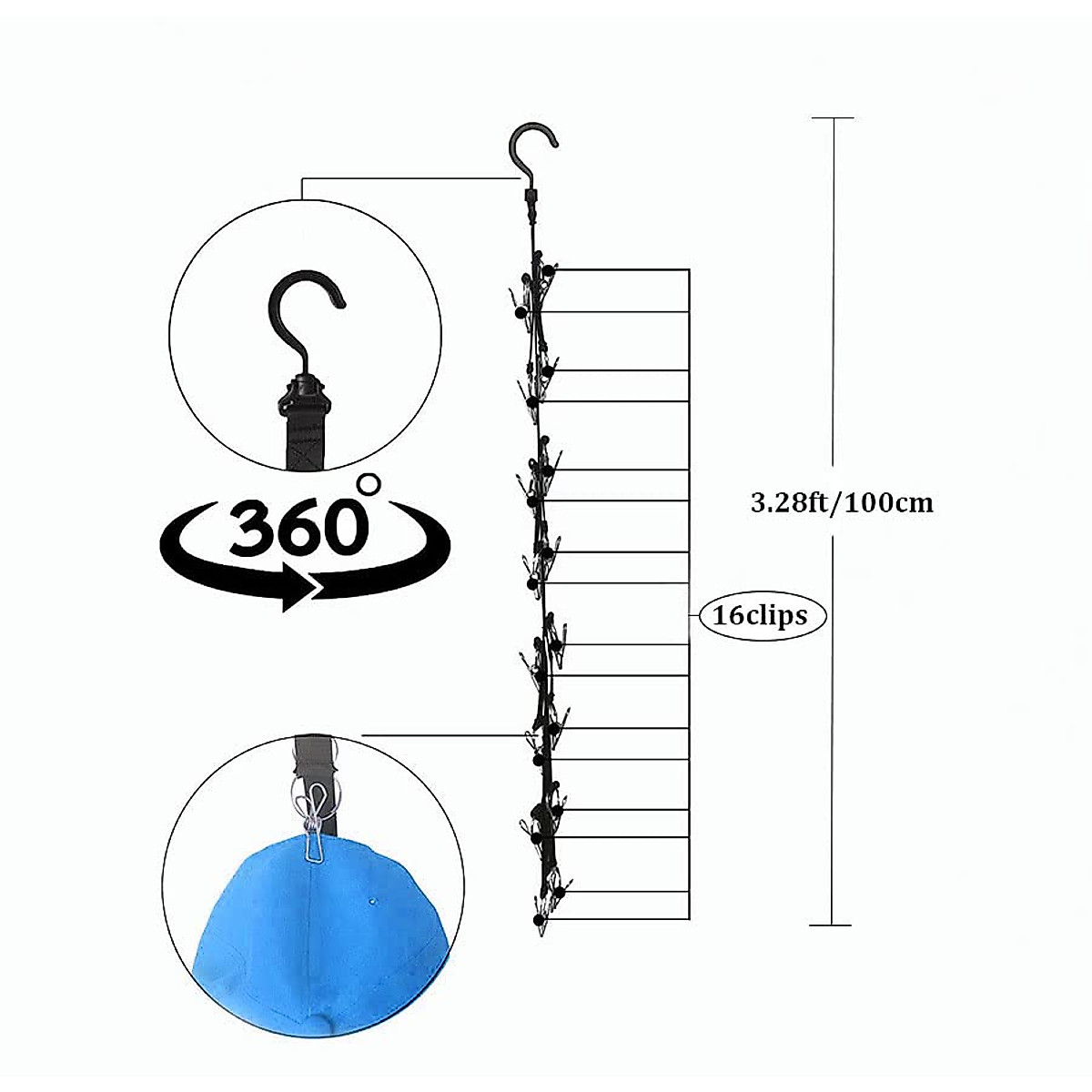 Yesok 2 Pack Hat Organizer Holder Rack, 16 Clips Closet Hanging Cap Racks Storage Hangers for Baseball Hats Ball Caps Golf Caps Beanies & Accessories
