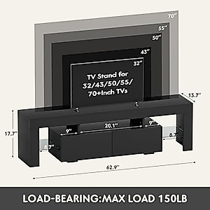 YESHOMY Modern LED TV Stand for Televisions up to 70 Inch with Glass Shelves and Drawer, Gaming Entertainment Center with Multiple Dynamic RGB Modes, for Livingroom, Bedroom, 60 Inch, Black