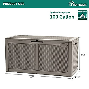 YITAHOME 100 Gallon Large Deck Box w/Storage Net, Resin Outdoor Storage Boxes, Waterproof Patio Cushion Storage Bench for Patio Furniture, Pool Supplies, Garden Tools- Rattan,Lockable (Light Brown)