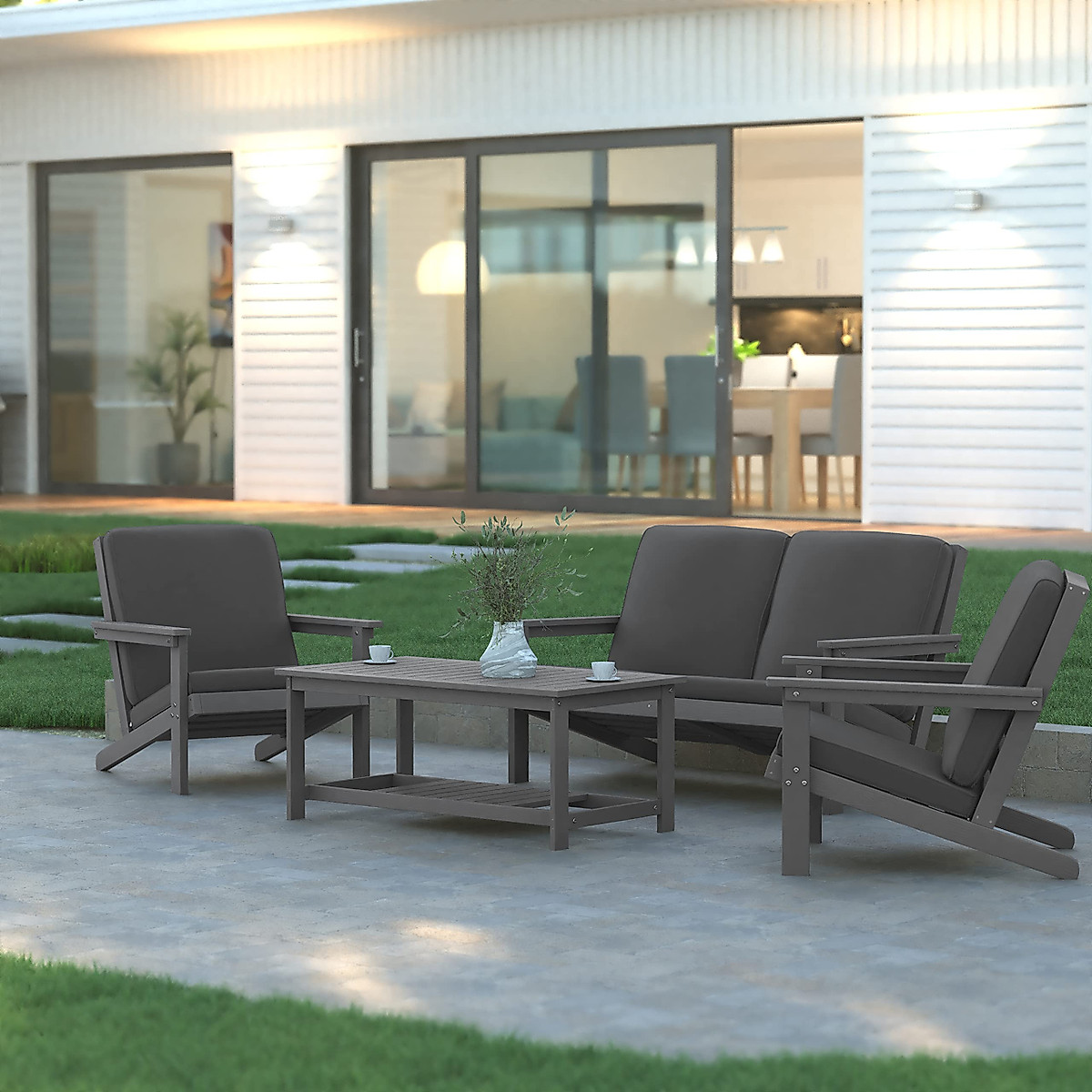 EMMA + OLIVER Hammond All-Weather Adirondack Style Chair - Gray Finish Polyresin Frame - Gray Cushions - Deep Seat - 300 lbs. Static Weight Per Seat