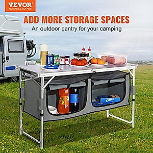 VEVOR Camping Kitchen Table, Aluminum Portable Folding Camp Cooking Station with Storage Organizer, 3 Adjustable Height, Quick Installation for Picnic BBQ Beach Traveling