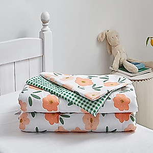4 Pieces White Girls Toddler Bedding Set Orange Floral Style - Includes Adorable Quilted Flower Comforter, Green Plaid Fitted Sheet, Top Sheet, and Pillow Case for Girls Bed