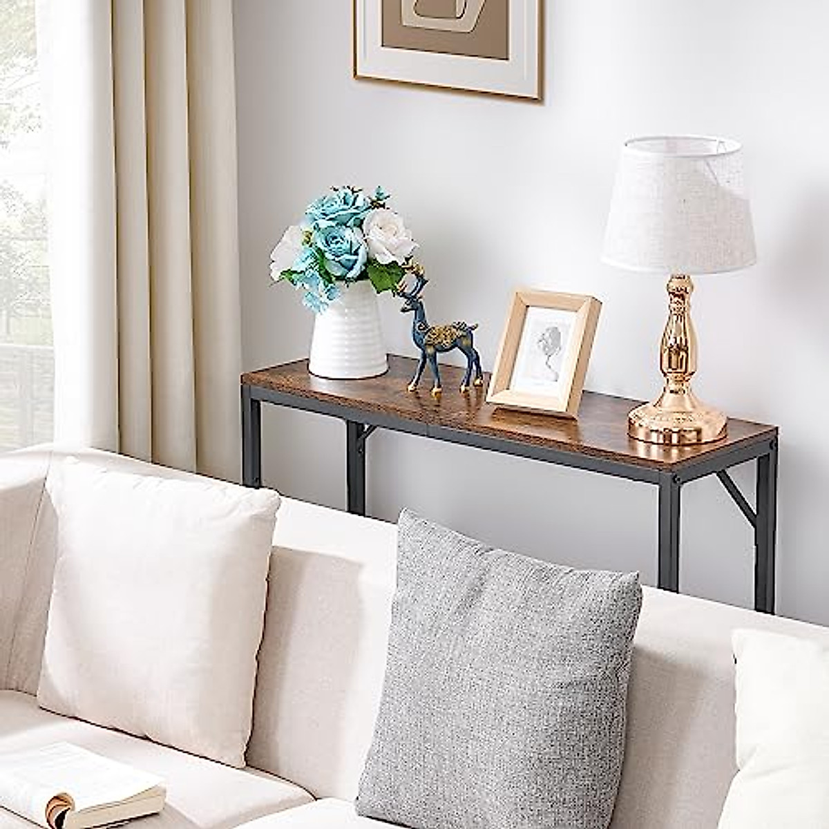HOMCENES Narrow Console Table with 2 Support Bar and Desktop Printer Stand Bundle, Thin Entryway Table, Small Sofa Table, Industrial Couch Table, Under Desk Printer Table Rack