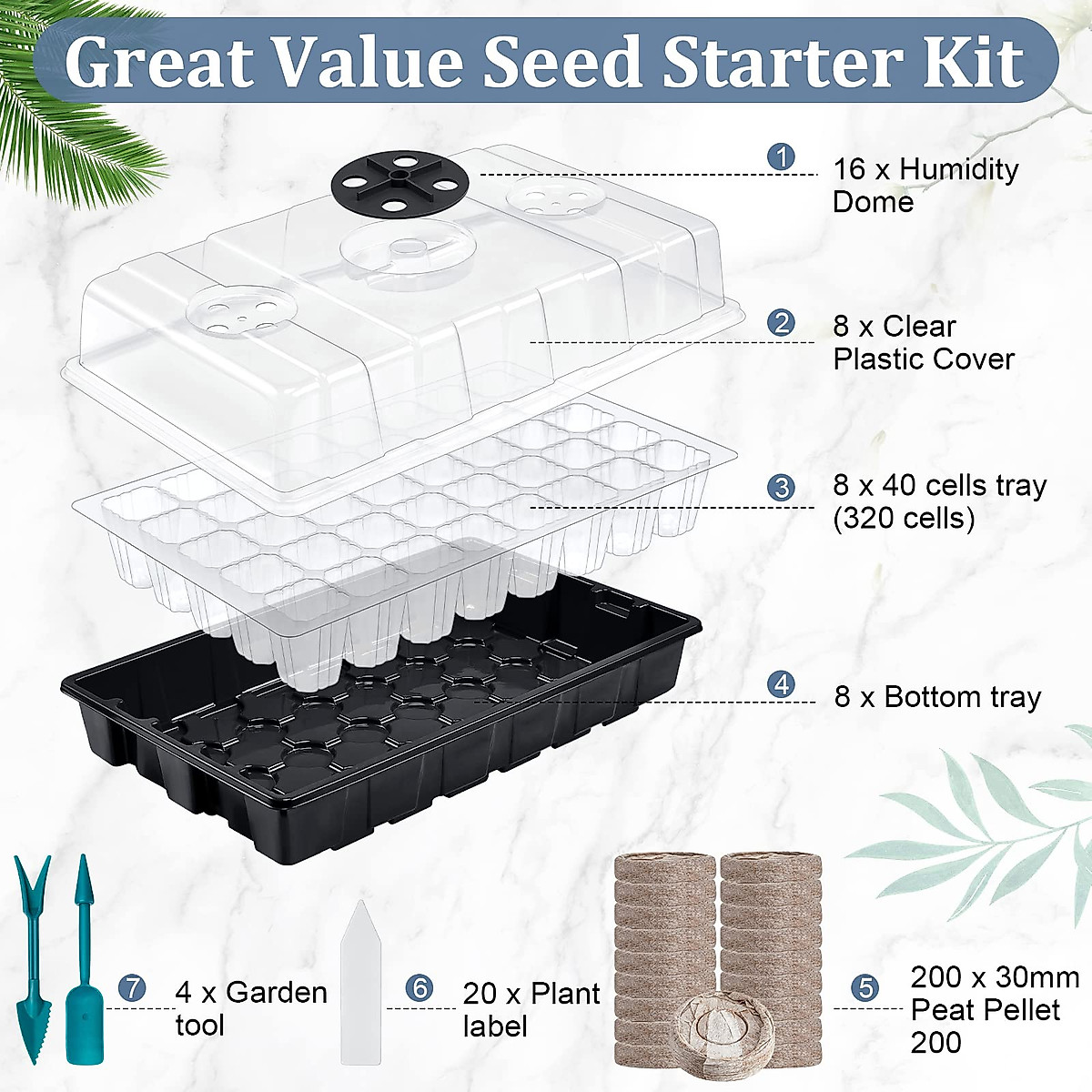 8 Pack Seed Starter Tray Seedling Trays with 200 Peat Pellets 20 Plant Labels 4 Gardening Tools with Humidity Vented Domes and Base Seed Germination Kit Mini Greenhouse for Plant Seedling (Black)